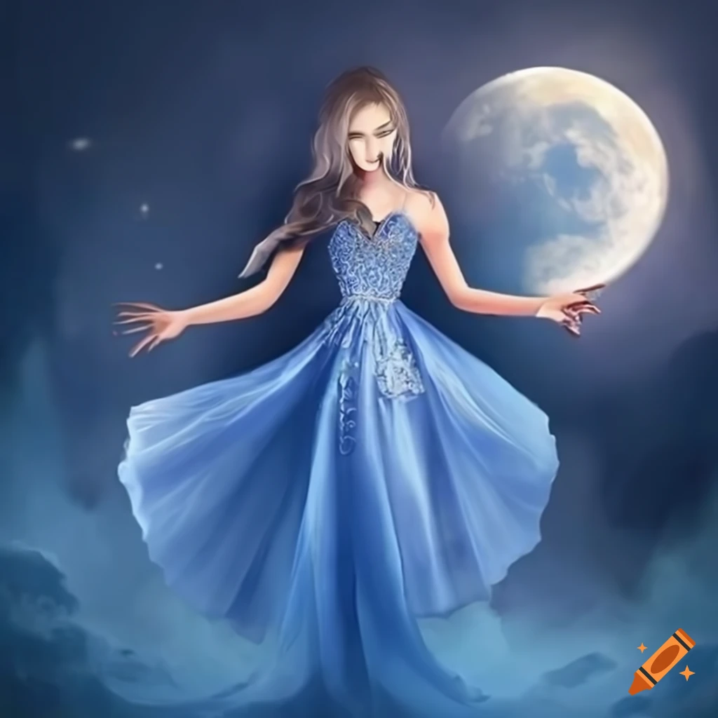 Beautiful woman in a blue dress with a sword under the moonlight on Craiyon