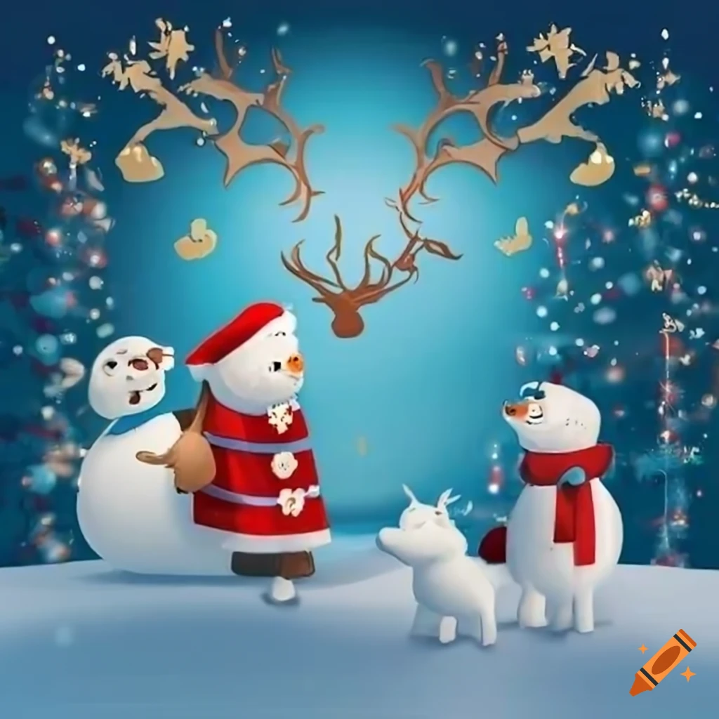 Christmas scene with Rudy the reindeer, snowman, and polar bear on Craiyon