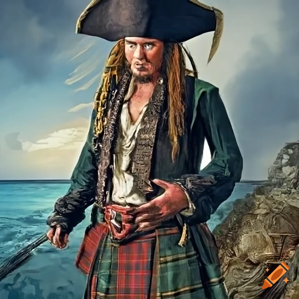 Character from pirates of the caribbean in a kilt