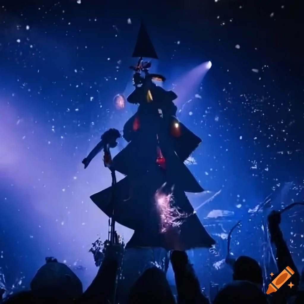 Rock bands performing on a snowy stage at a christmas concert on Craiyon