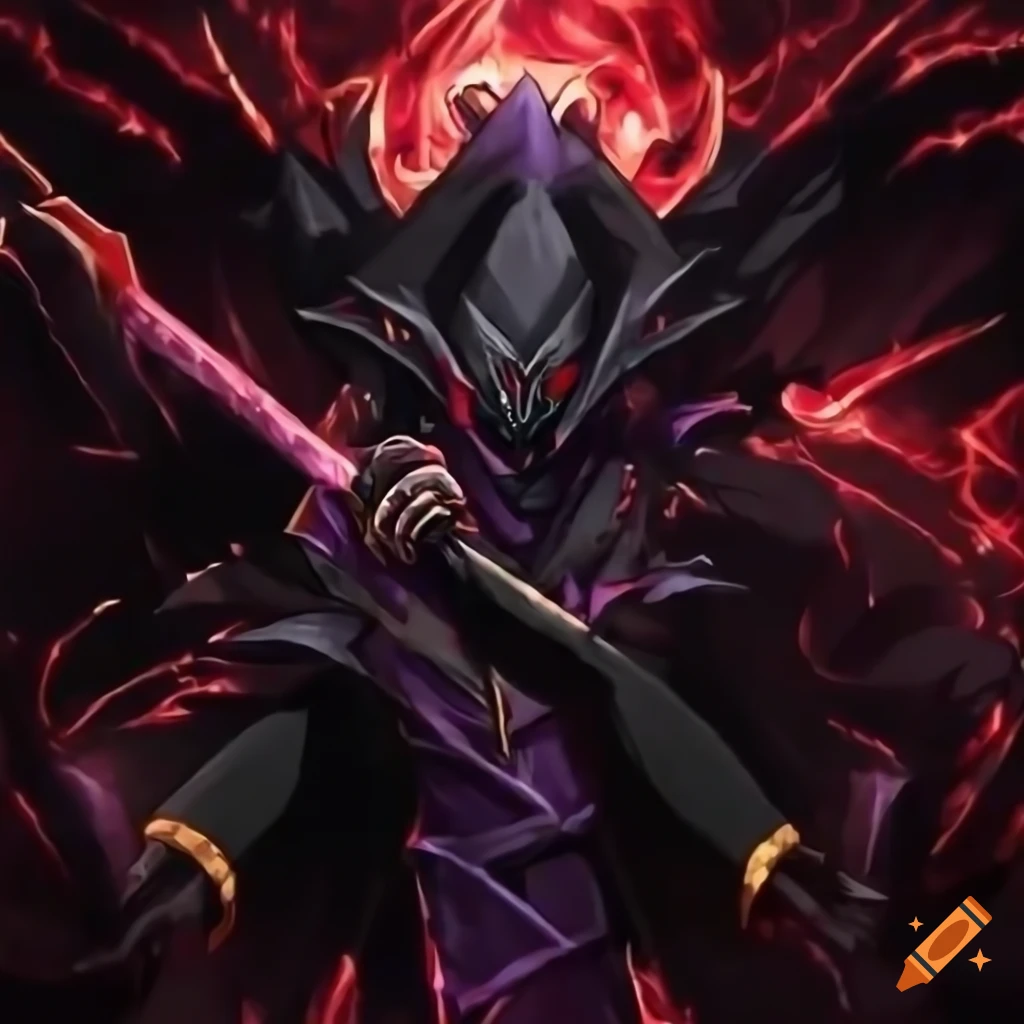 Detailed artwork of an evil magician with a sword and red magic effects ...
