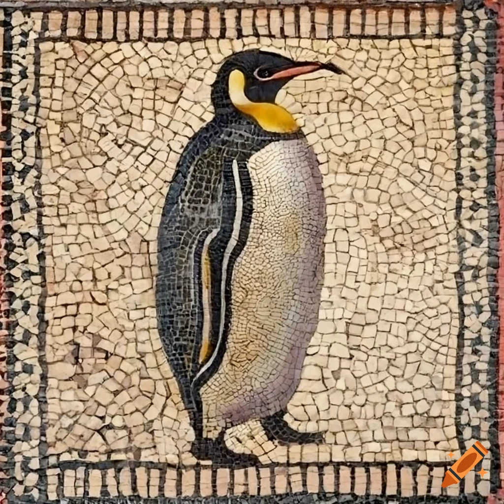 Mosaic of an emperor penguin in ancient roman style