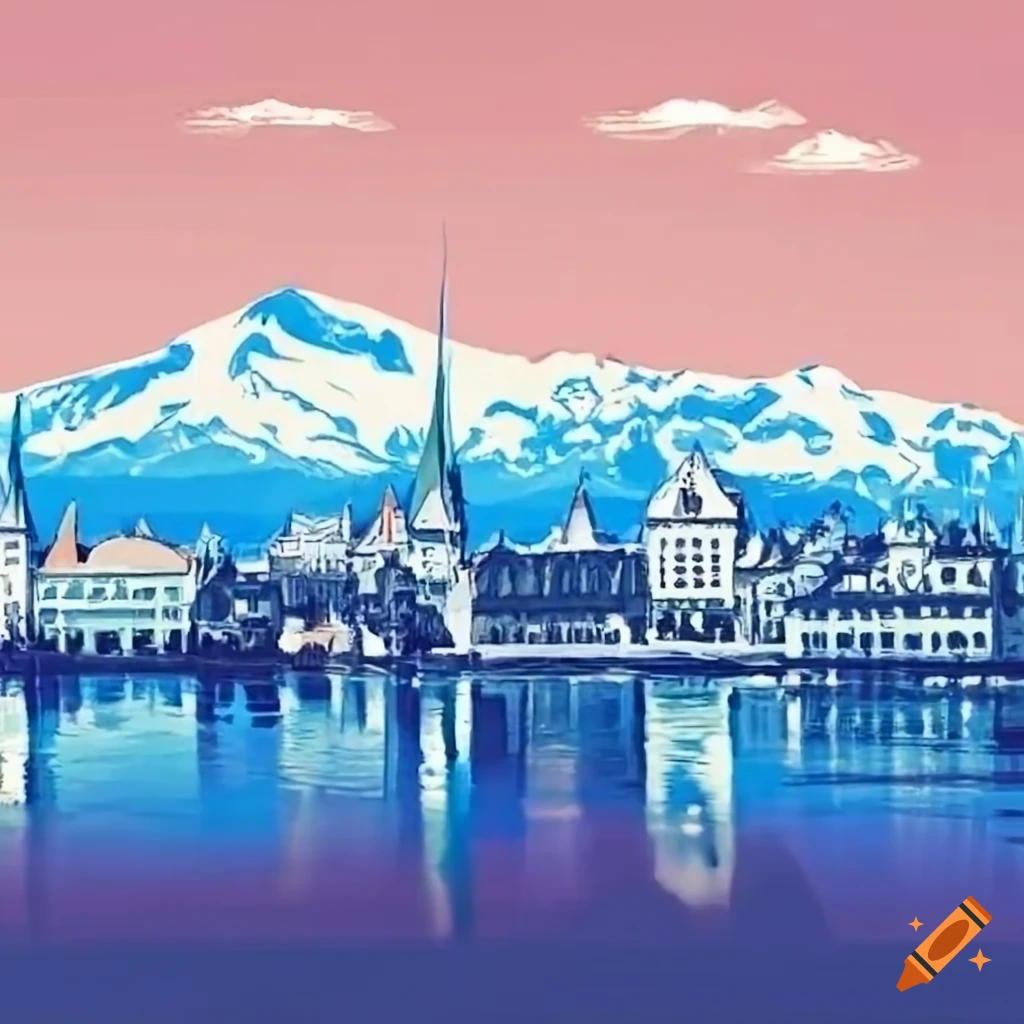 Drawing of zurich with alps in the background