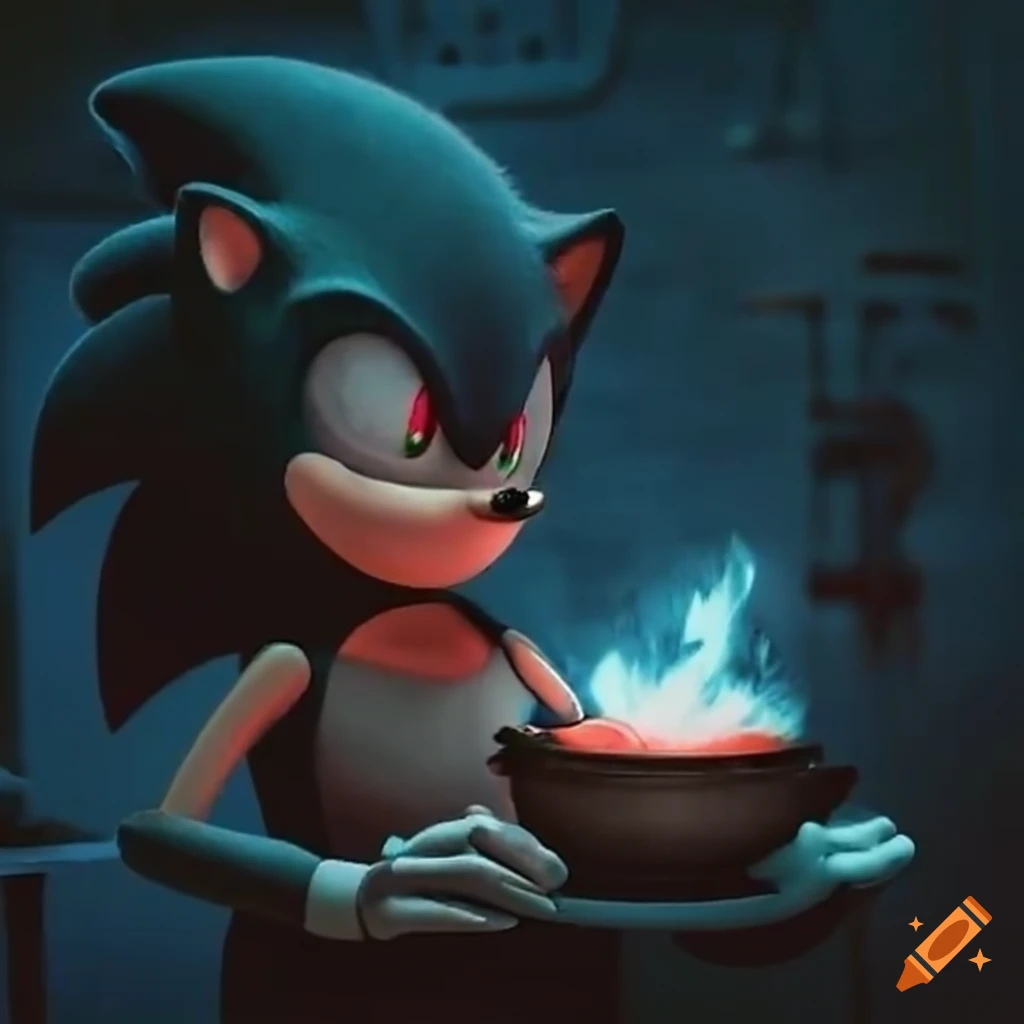 Sonic hedgehog cooking in a spooky kitchen on Craiyon