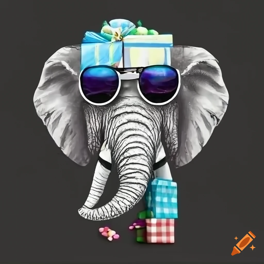 Cool white elephant with sunglasses and presents on Craiyon
