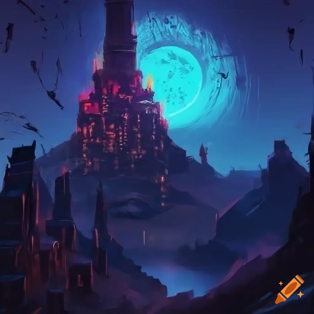 Fantasy tower on a mountaintop under spider web constellations on Craiyon