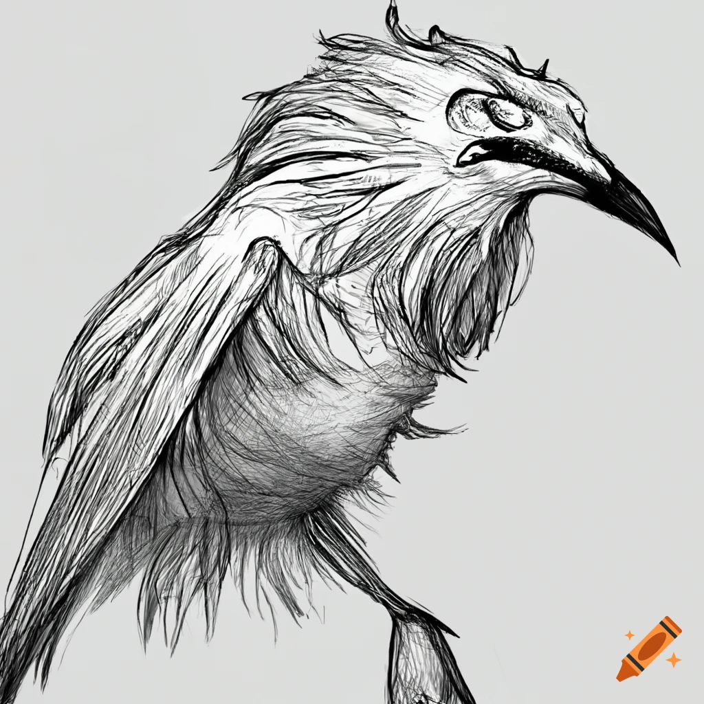 Detailed black and white pen ink drawing of a robotic bird on Craiyon