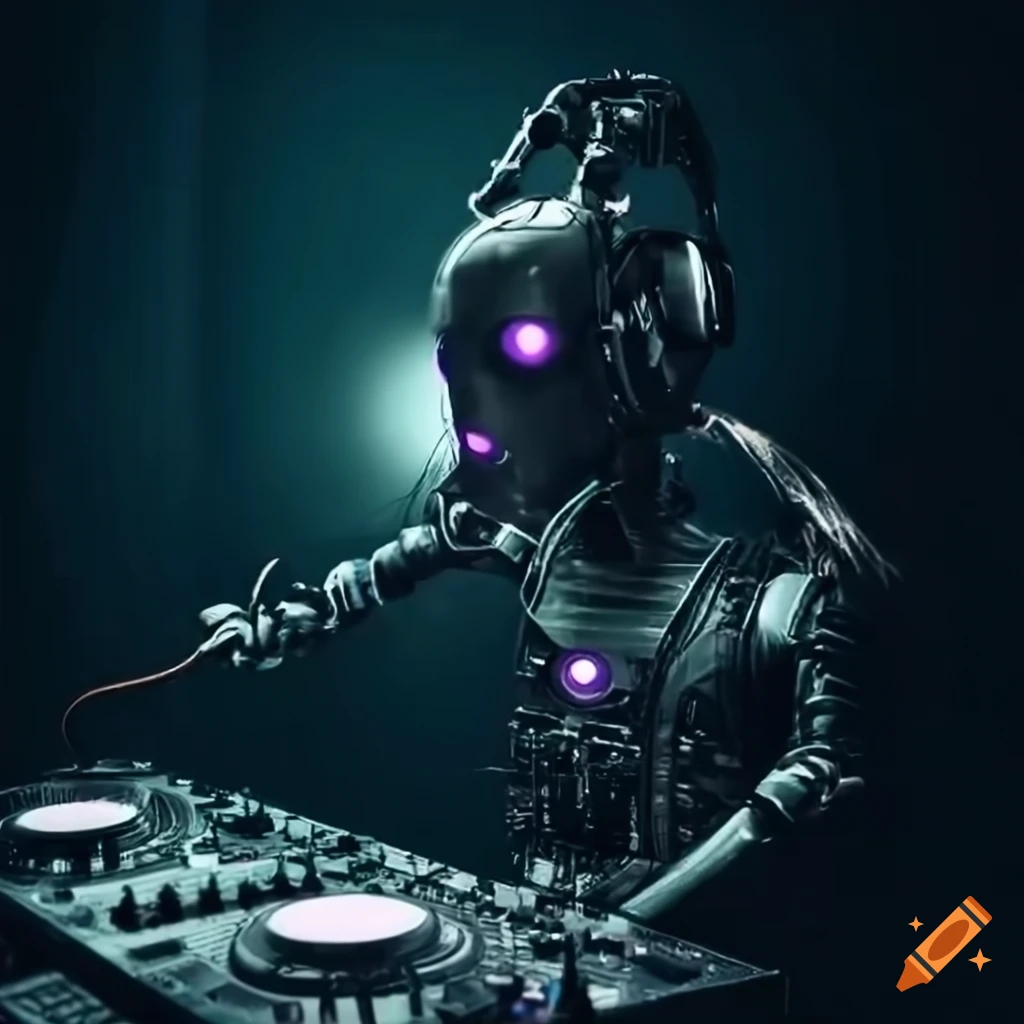 Monochrome artwork of an evil robot dj rocking the stage on Craiyon