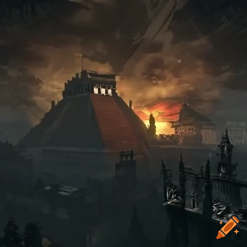 Image of a walled city with an aztec palace in bloodborne
