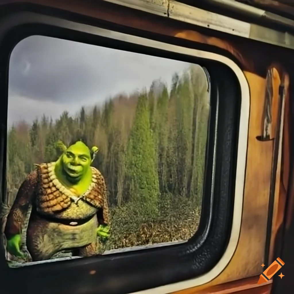 Shrek sniping from train window on Craiyon