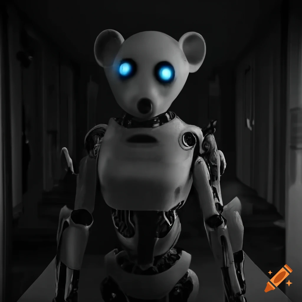 Grayscale security camera footage of a rat robot in a hallway