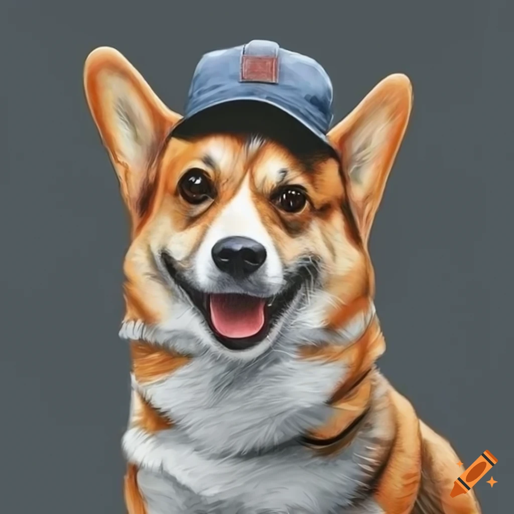 Hyper realistic portrait of a corgi in a baseball cap