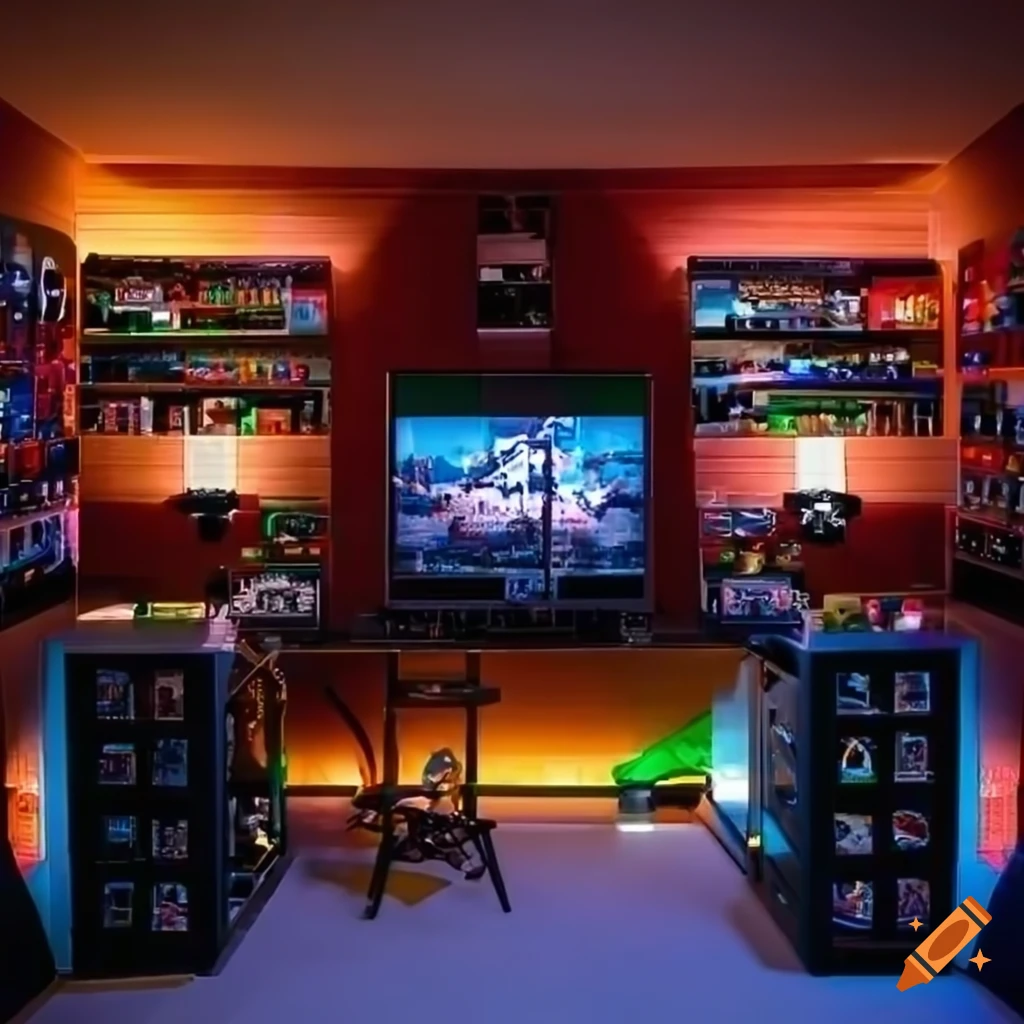 Vibrant game room with computer setup and Legos on Craiyon