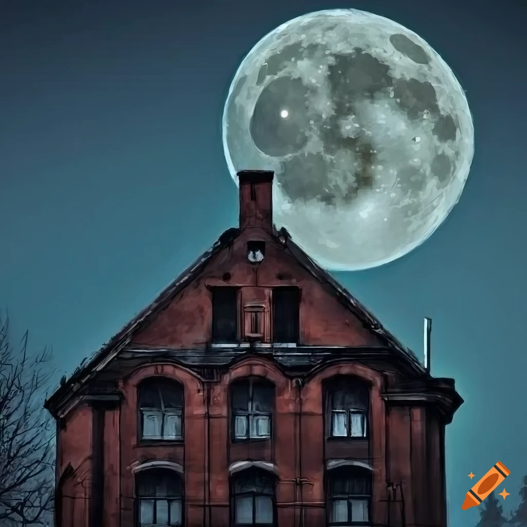 Illustration of a full moon over an old brewery building