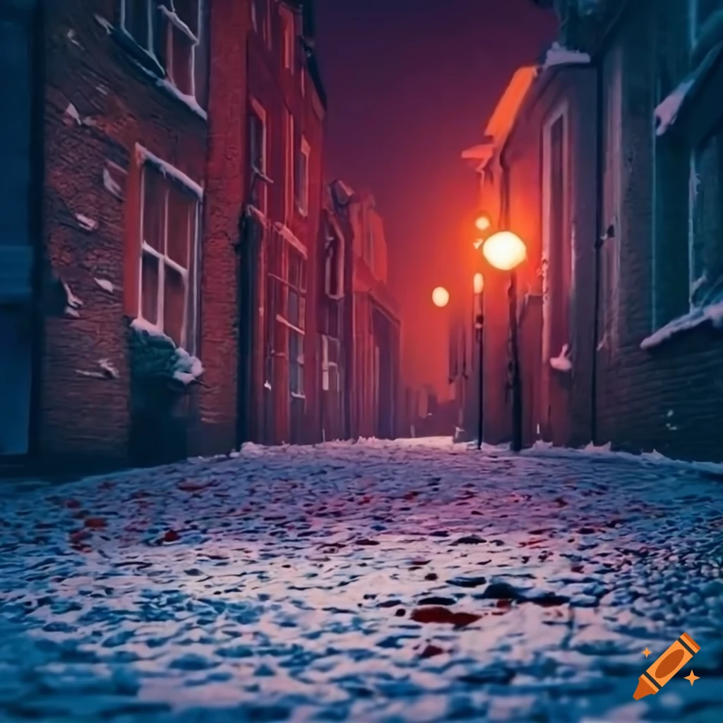 Mysterious scene with top hat, snow, and blood splatter