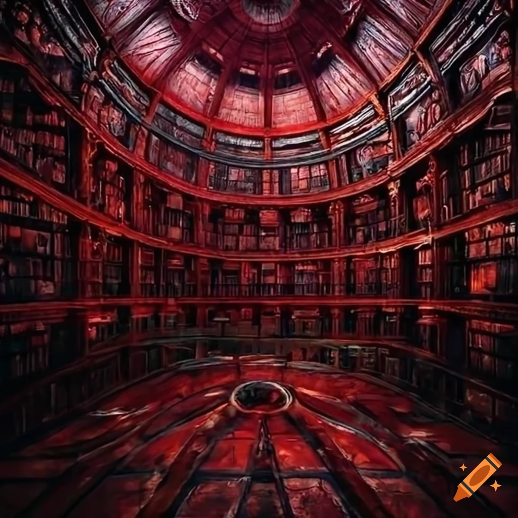 Glowing library with red vines and water floor on Craiyon