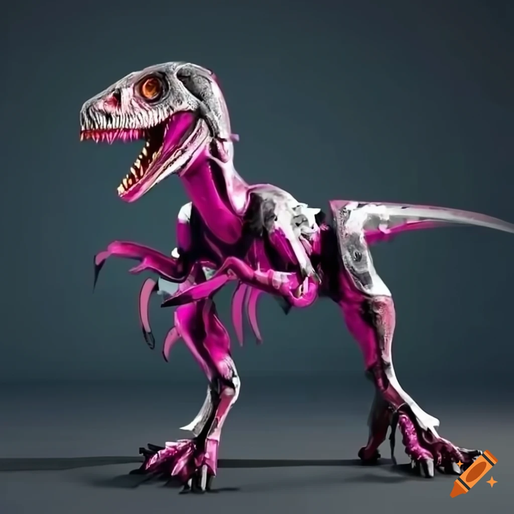 Magenta robotic velociraptor with sharp claws and teeth