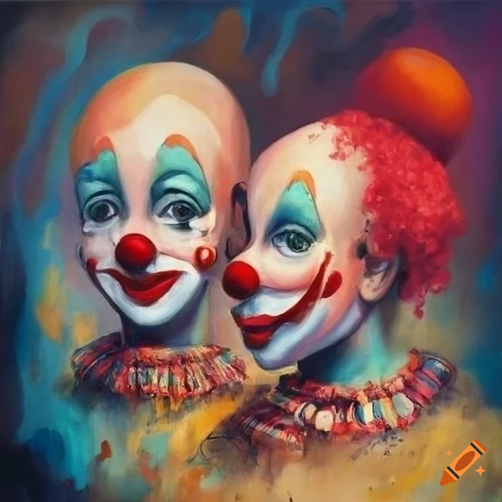 Two pierrot clowns holding hands at the beach on Craiyon