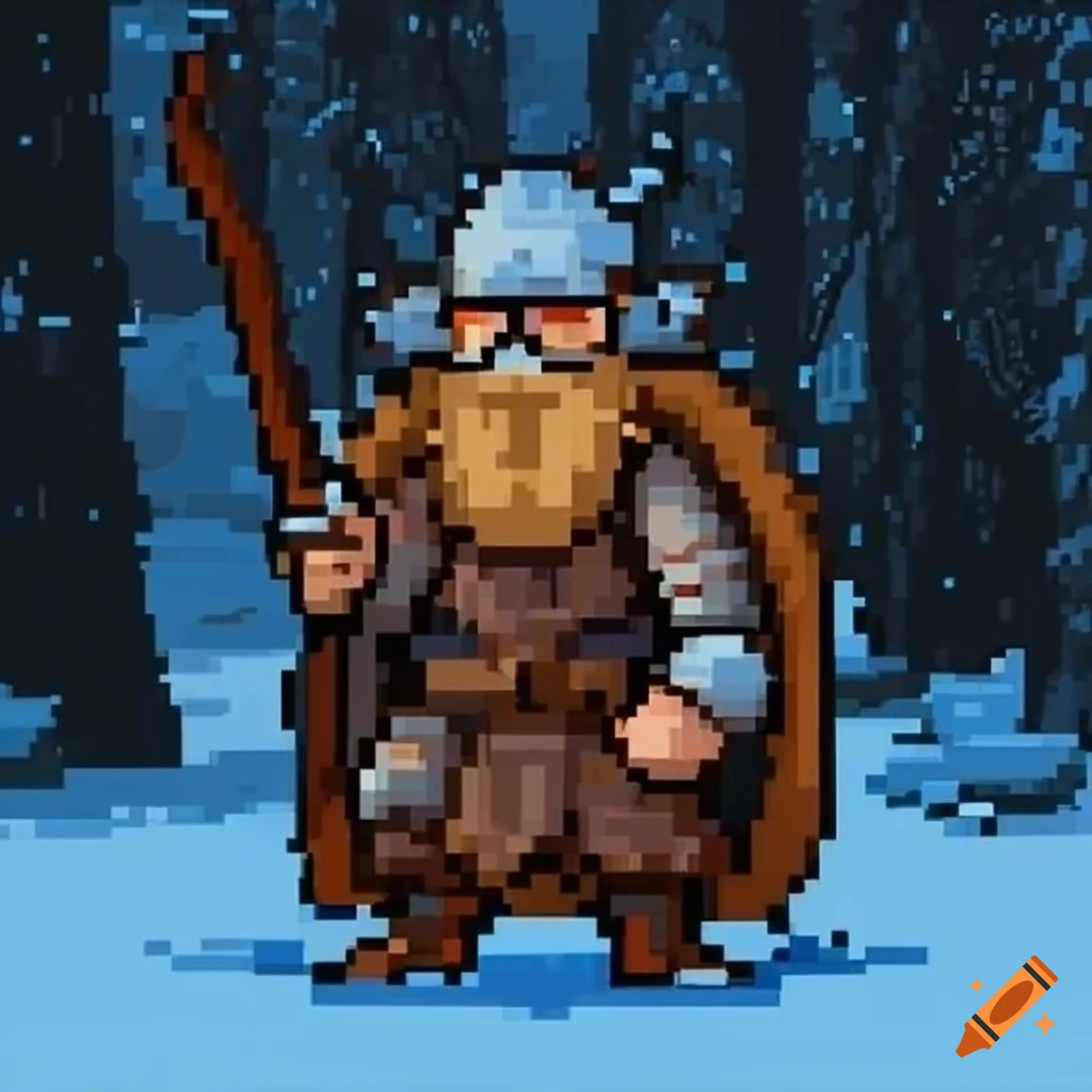 Pixel art of a historically accurate viking in a snowy forest on Craiyon