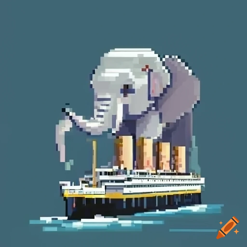 Pixel art of a white elephant on the titanic