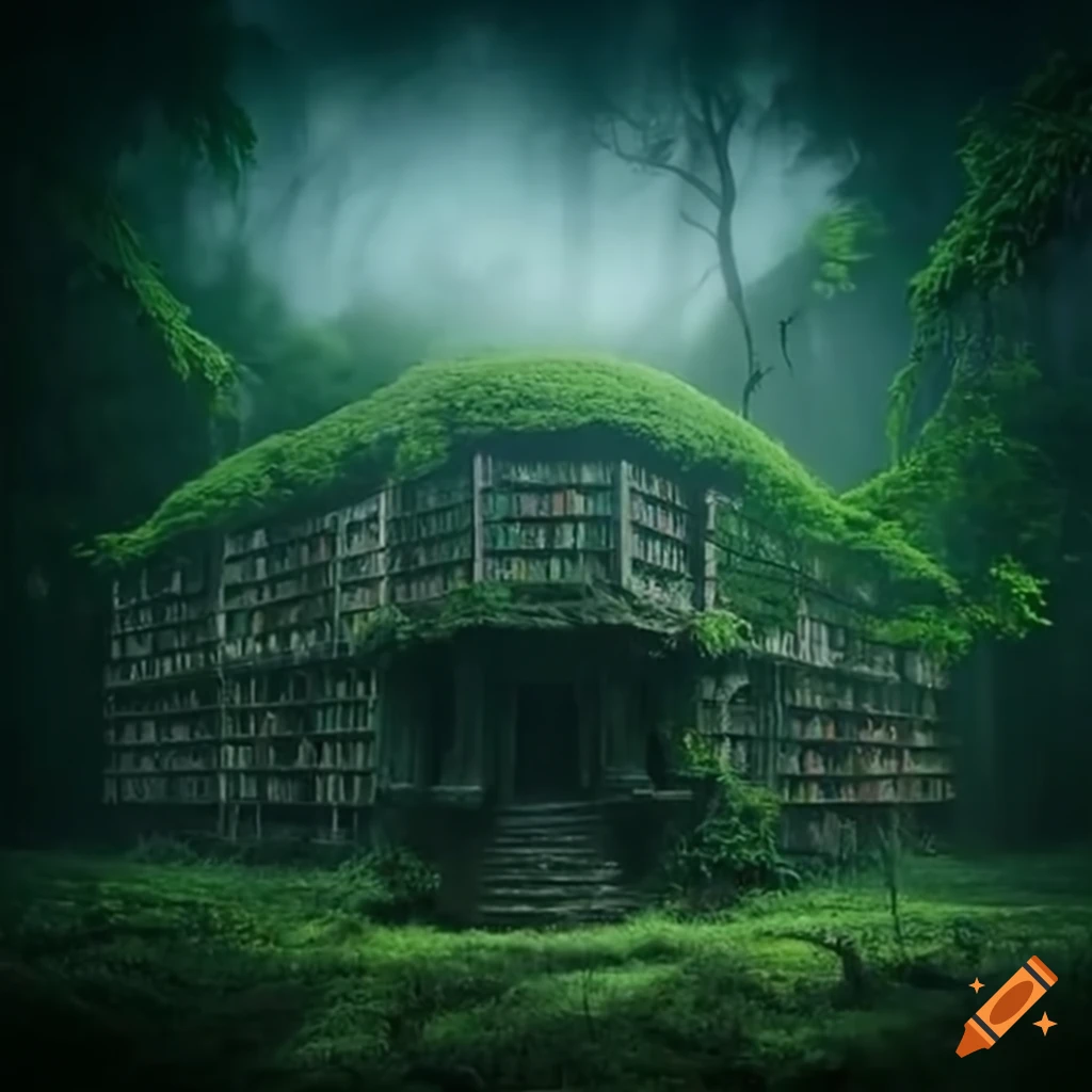 Mysterious library covered in mist and vegetation
