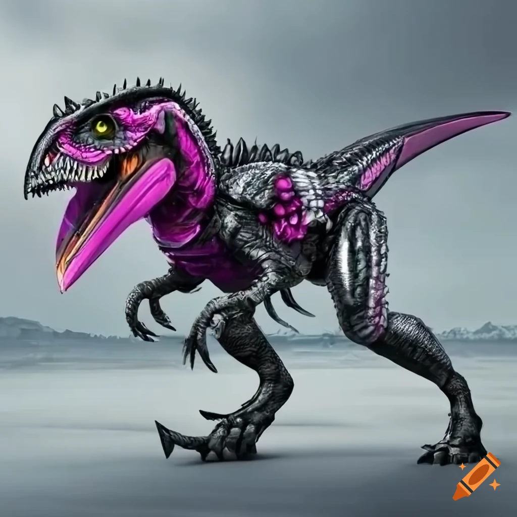 Magenta robotic velociraptor with sharp claws and teeth on Craiyon
