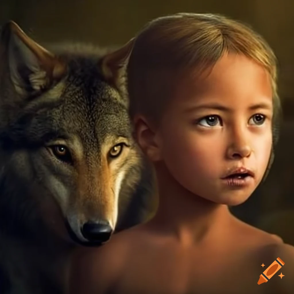 Image of a feral child raised by wolves on Craiyon