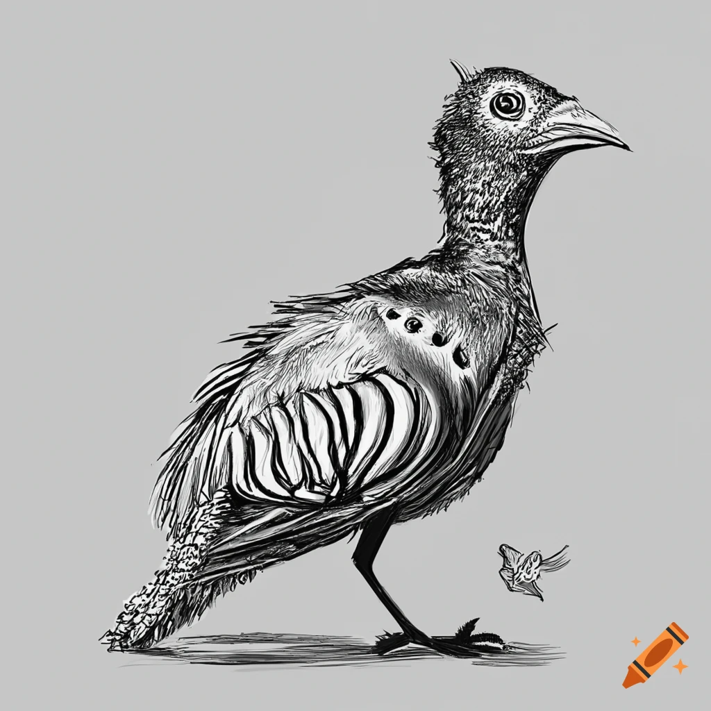 Black and white sketch of a unique bird