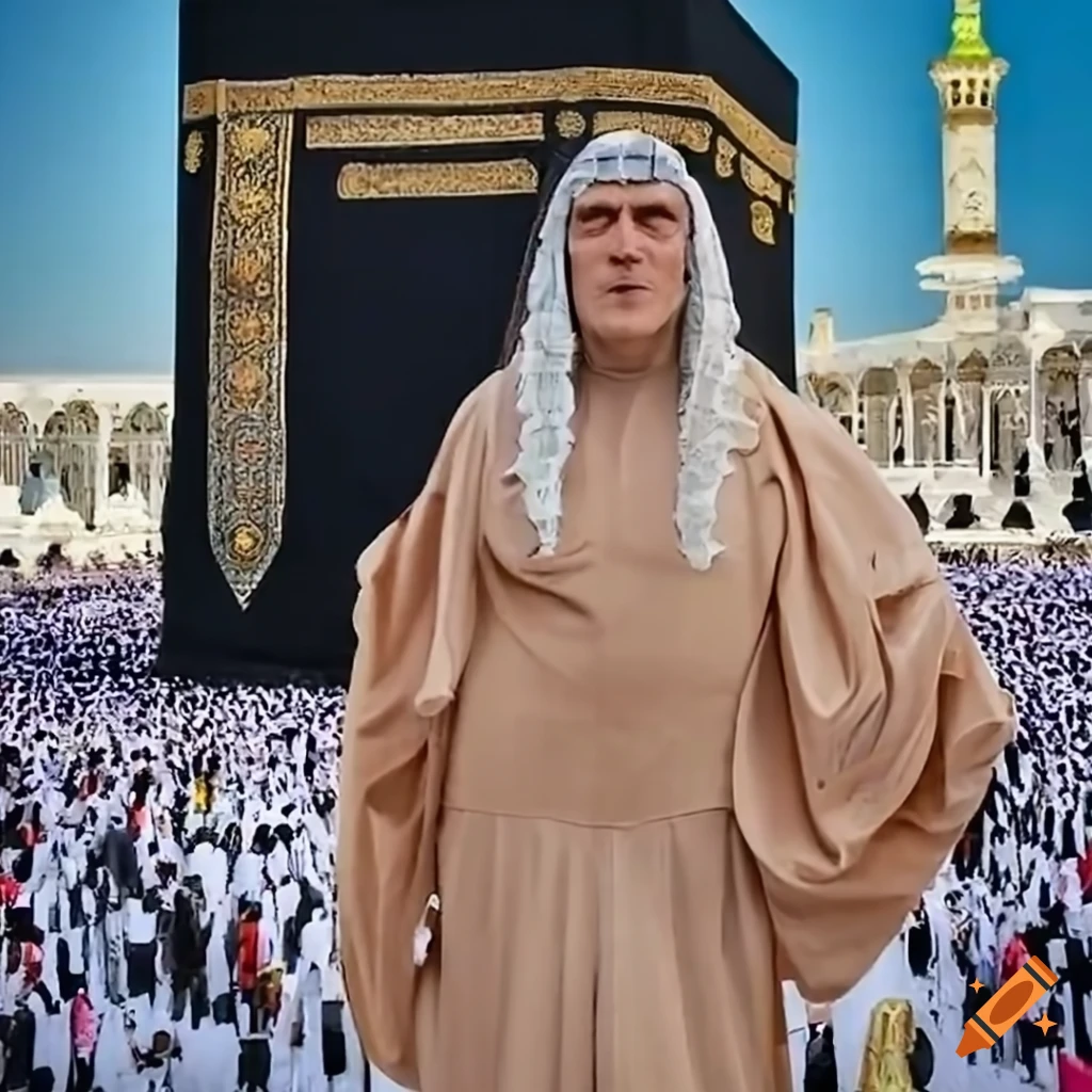 Muslim celebrity wearing a tan thobe in Mecca on Craiyon