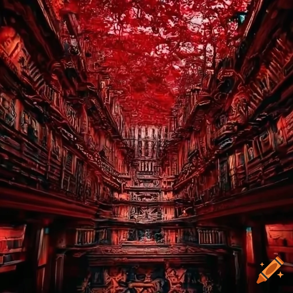 Intricate library maze with vibrant red foliage