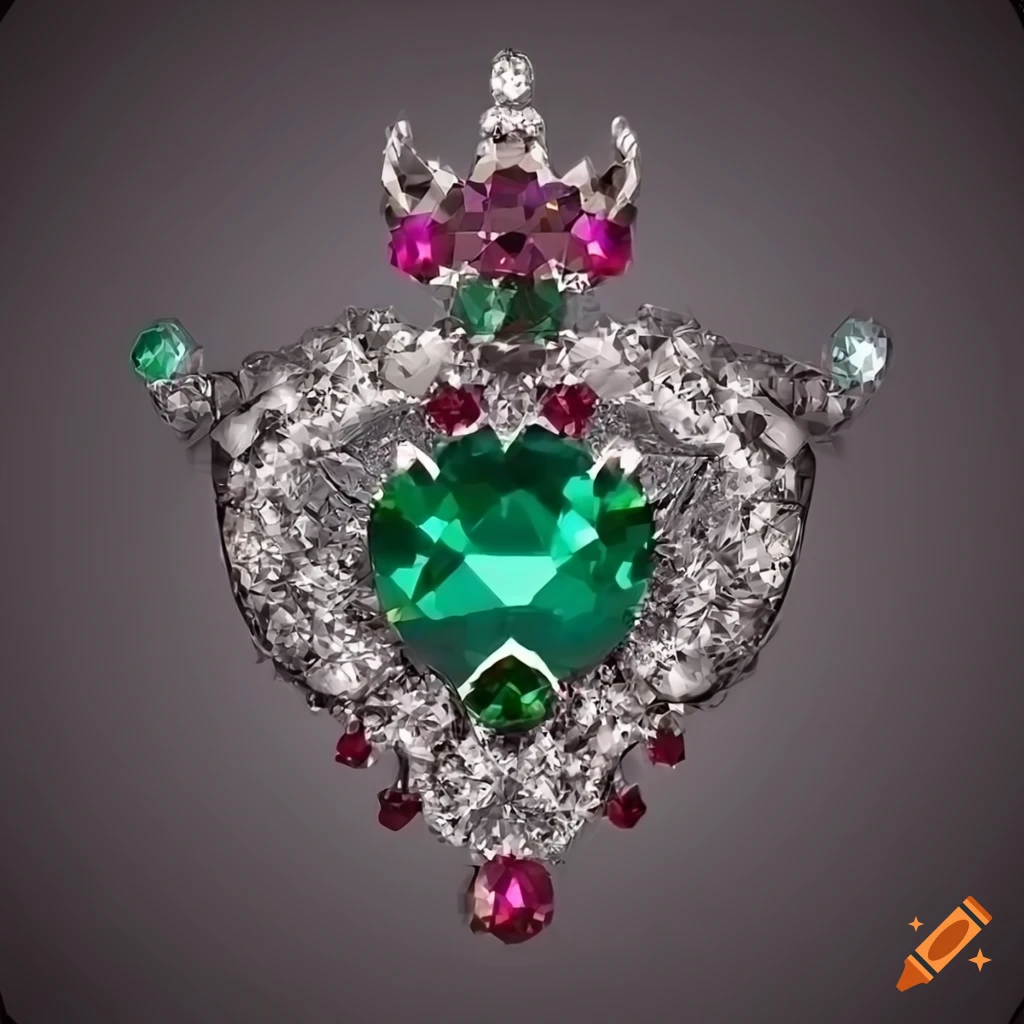 Rococo style brooch with square-cut ruby and colorful beads on Craiyon
