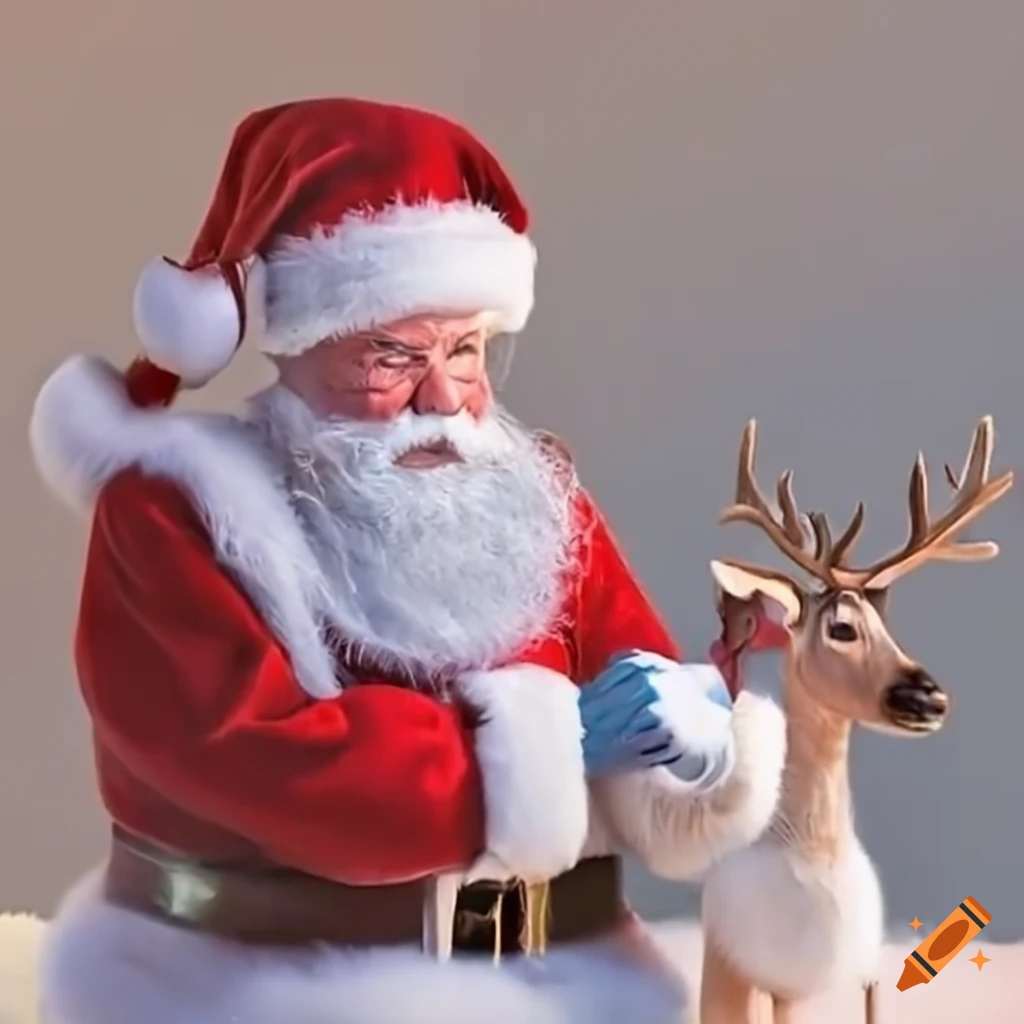 Santa Claus taking care of his reindeers on Craiyon