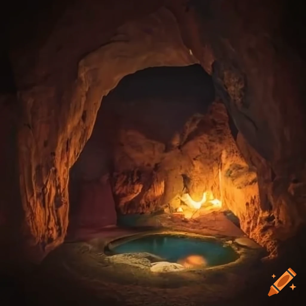 Cozy illuminated cave with natural overflowing ponds and fire camp on Craiyon