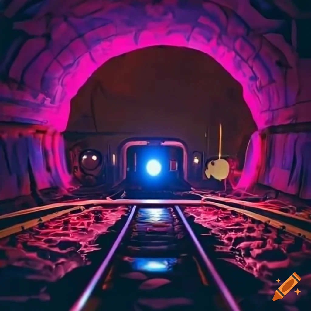 Neon-lit underground train with love hearts