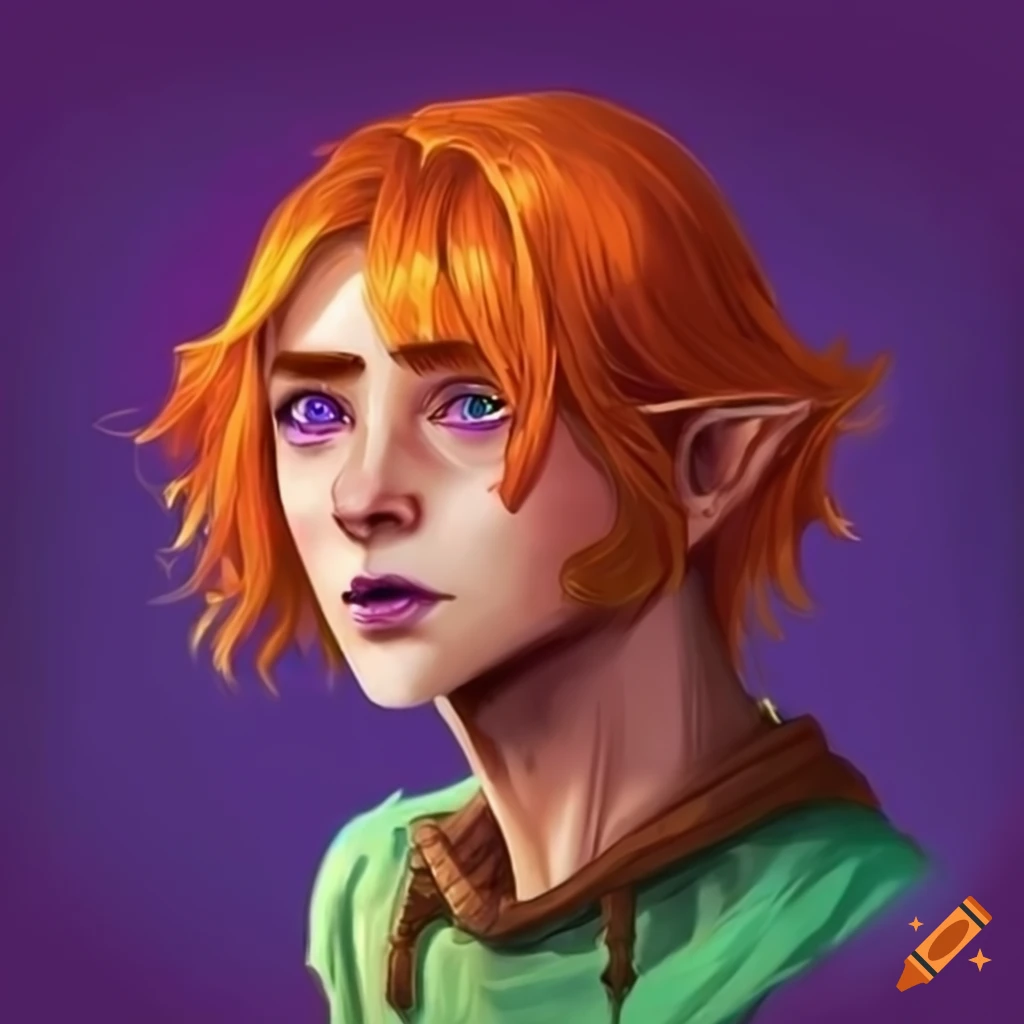 Image of a wizard with orange hair and purple eyes on Craiyon