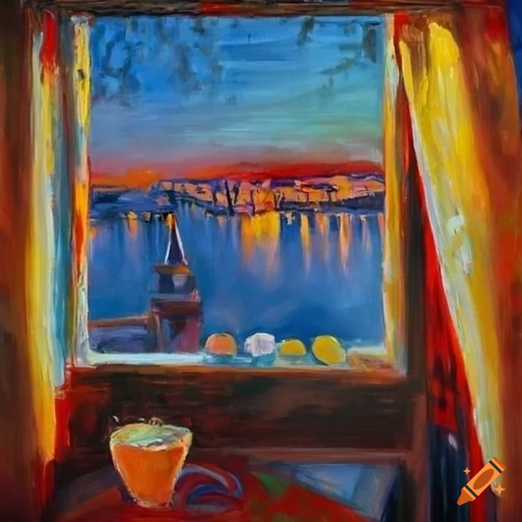 Book on a table in a california sun landscape cafe in an oil painting ...