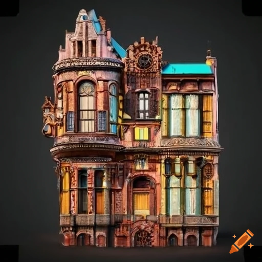 Colorful steampunk building with stone accents