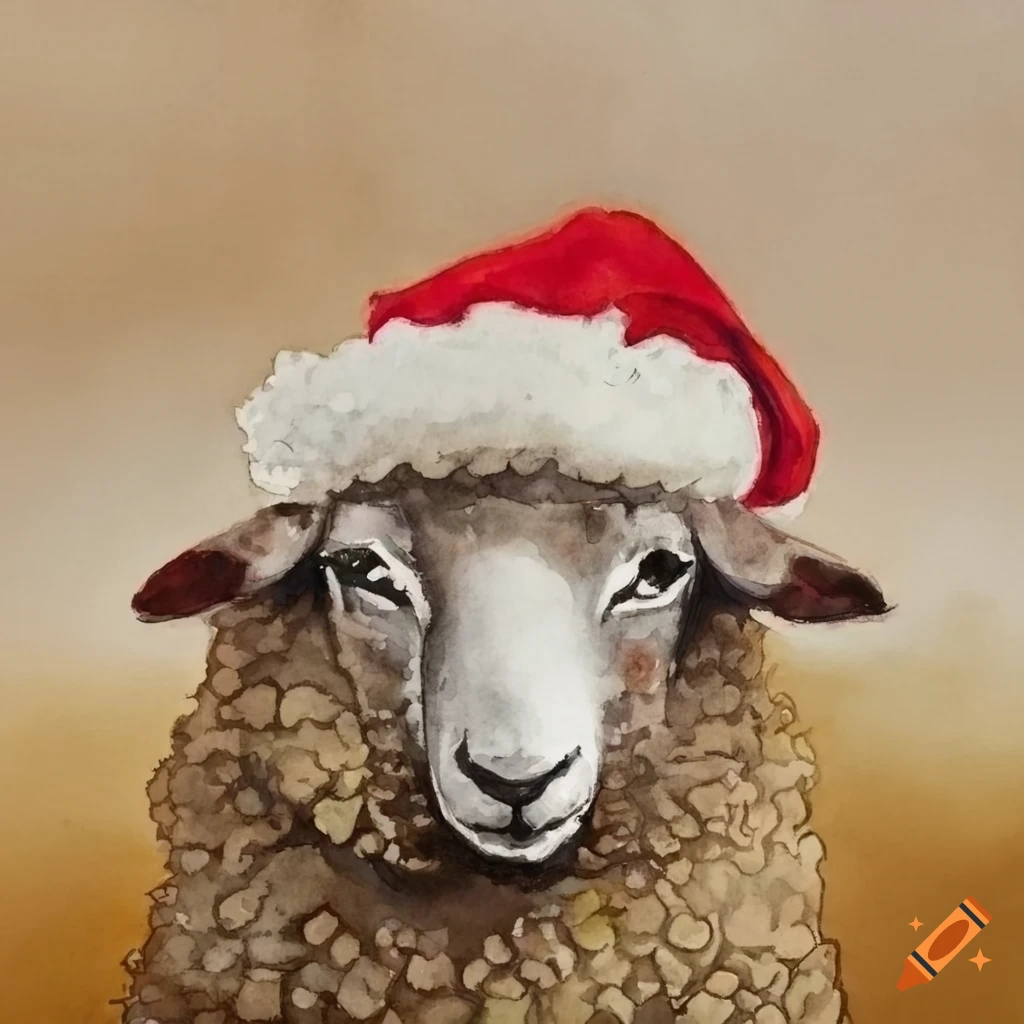 Watercolor painting of a sheep with a christmas hat