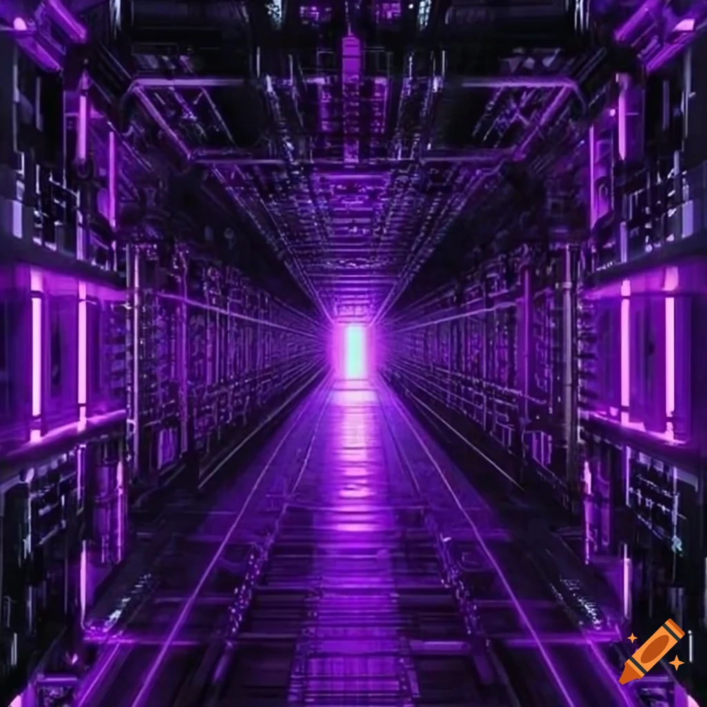 Purple subway tunnel with glowing rails on Craiyon