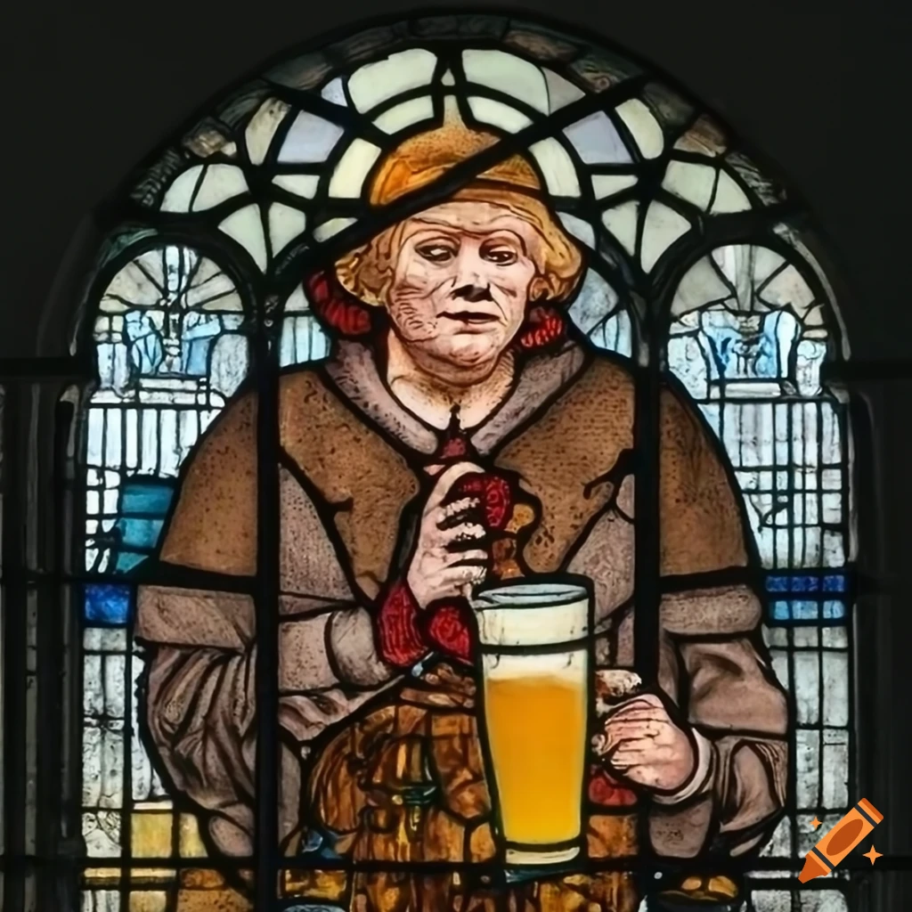 Stained glass window with a man drinking beer on Craiyon