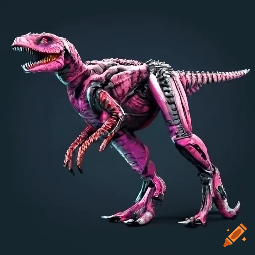 Magenta robotic velociraptor with sharp claws and teeth on Craiyon