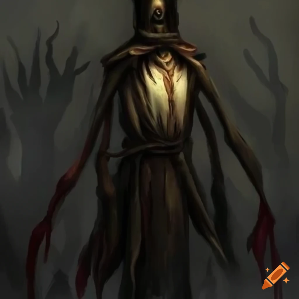 Surreal horror artwork with faceless figure and mushrooms