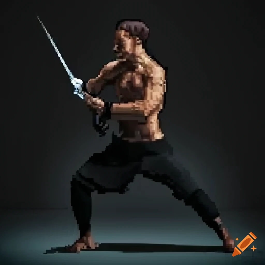 Pixel art of a man attacking with a sword on Craiyon