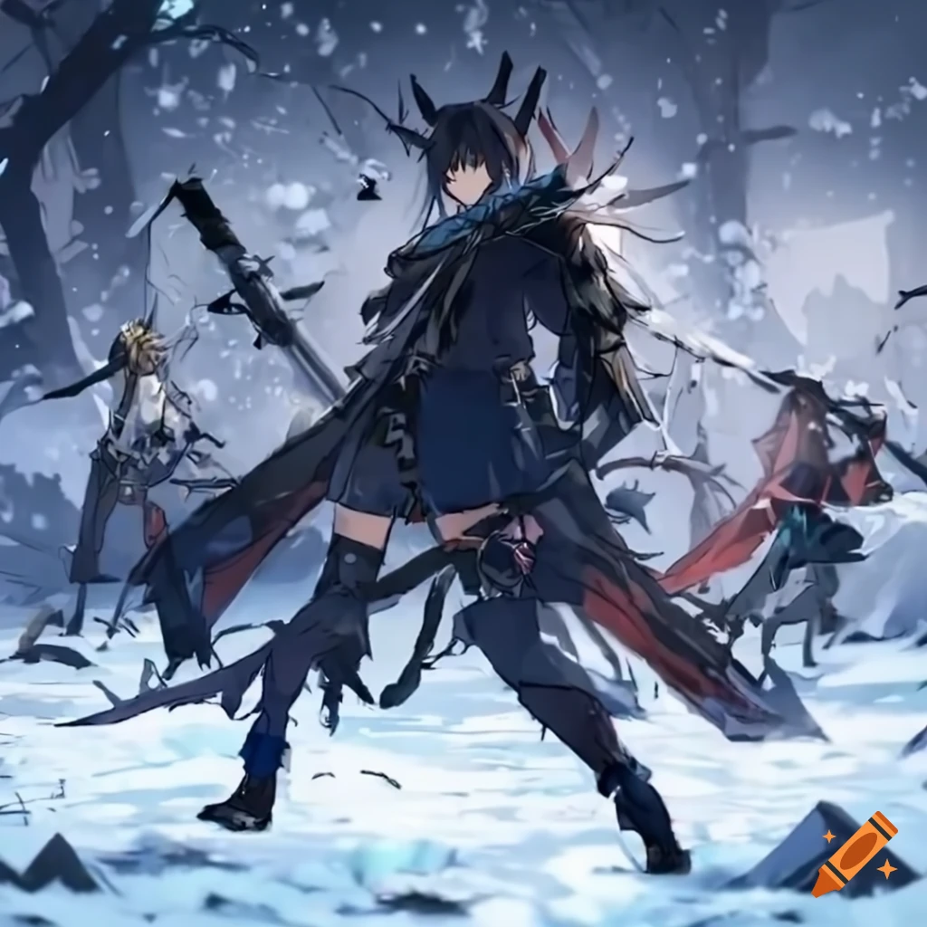 Epic battle scene with arknights heroes in the snow