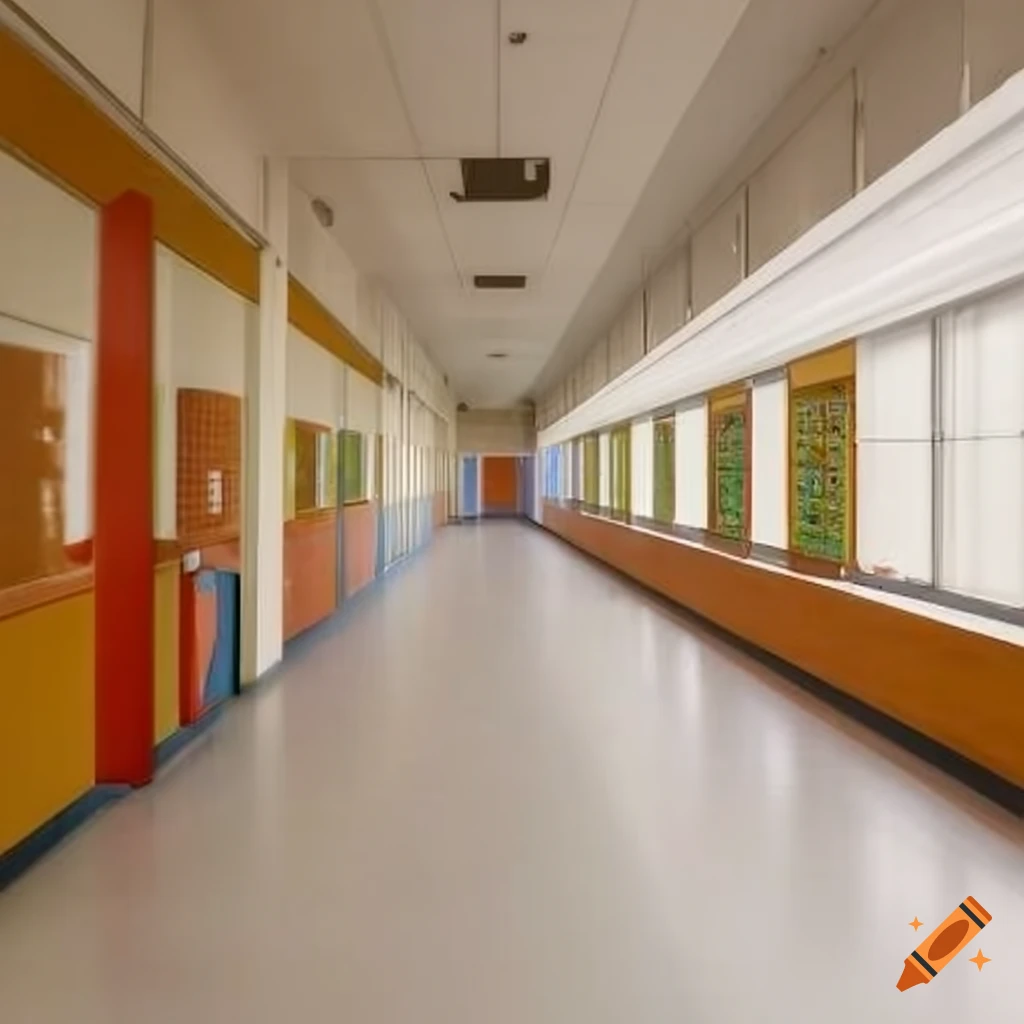 School corridor with classrooms on the right and a hall on the left on ...