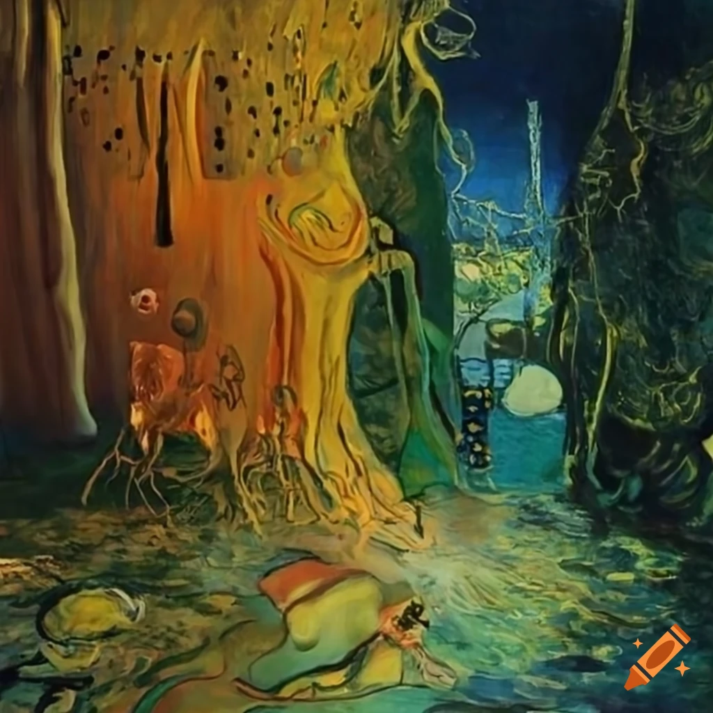 Painting of a forest inspired by Gustav Klimt, Salvador Dali, Neo Rauch, and Van Gogh on Craiyon