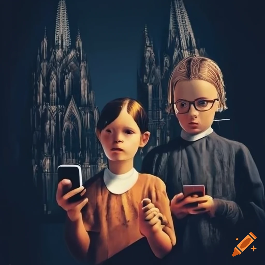 Modern reinterpretation of american gothic with children and smartphones