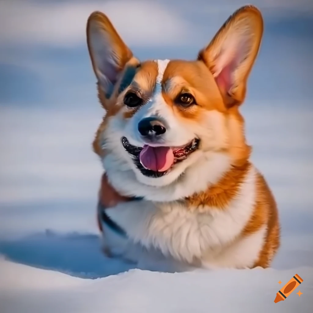 Corgi playing in the snow