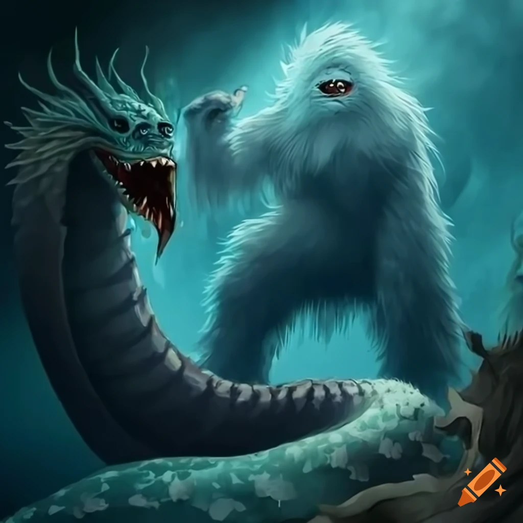 Epic illustration of a yeti fighting a sea serpent