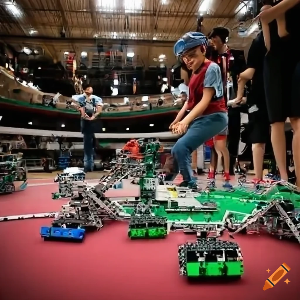 Vex robots battling in a competition arena on Craiyon